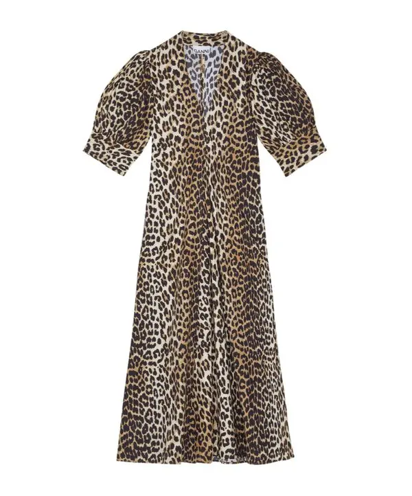 GANNI Leopard Print Midi Dress With Bubble Sleeves - Leopard Color