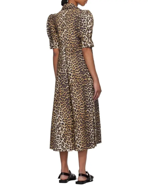 GANNI Leopard Print Midi Dress With Bubble Sleeves - Leopard Color
