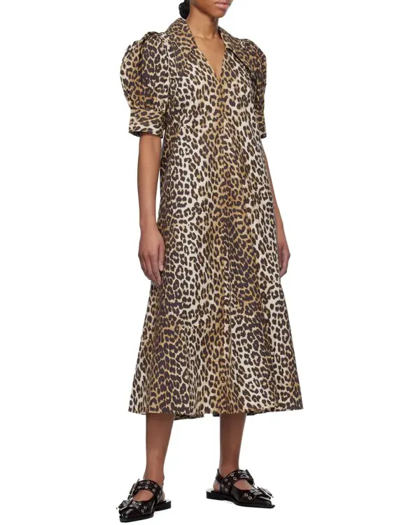 GANNI Leopard Print Midi Dress With Bubble Sleeves - Leopard Color