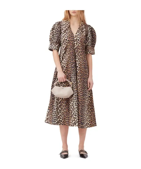 GANNI Leopard Print Midi Dress With Bubble Sleeves - Leopard Color