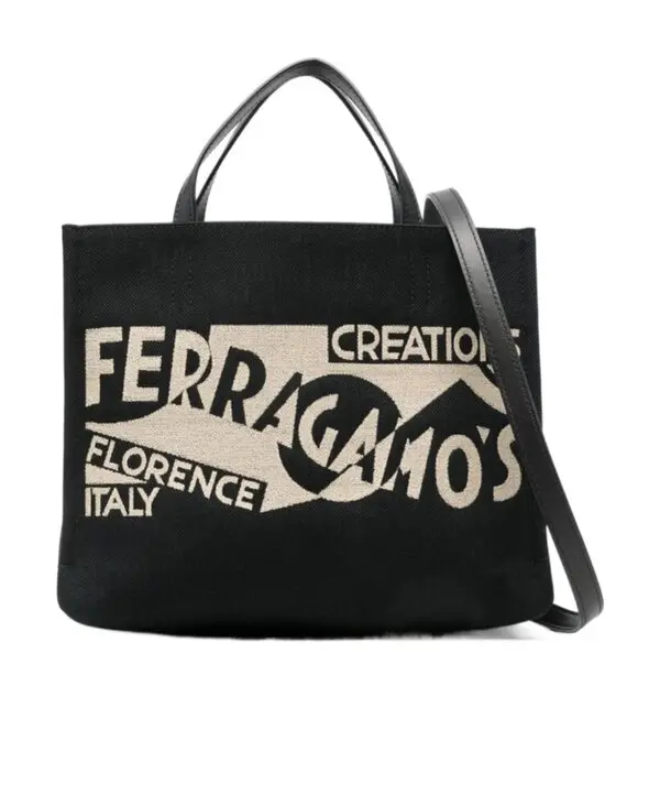 FERRAGAMO Logo-jacquard Raffia Tote Bag - Black