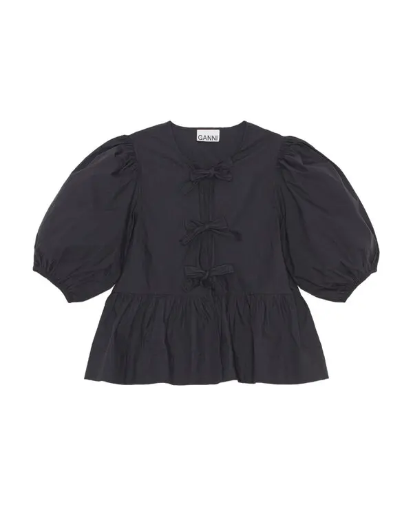 GANNI Peplum Blouse With Bubble Sleeves And Tie Detail - Black