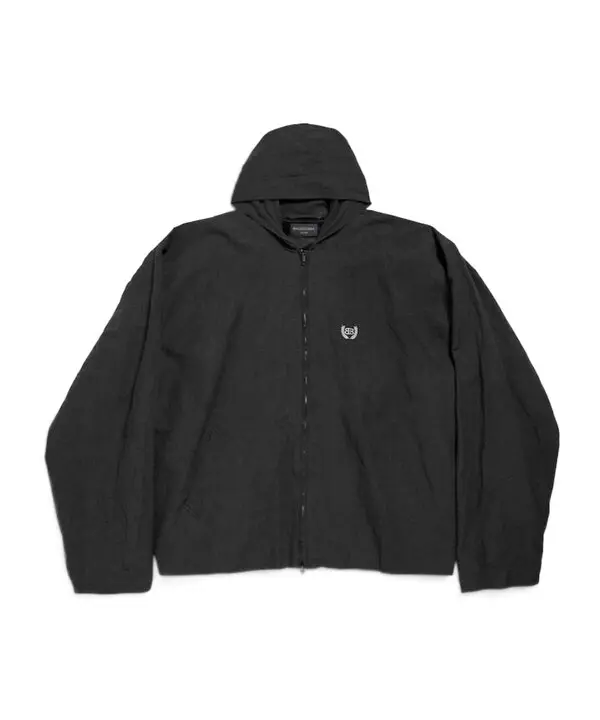 Balenciaga Logo Embroidered Zip-up Hooded Jacket - Black