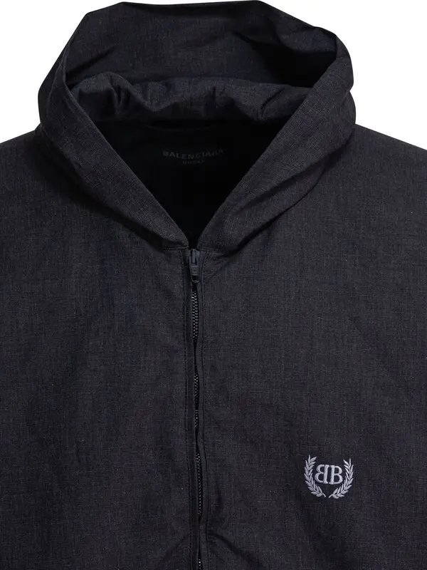 Balenciaga Logo Embroidered Zip-up Hooded Jacket - Black