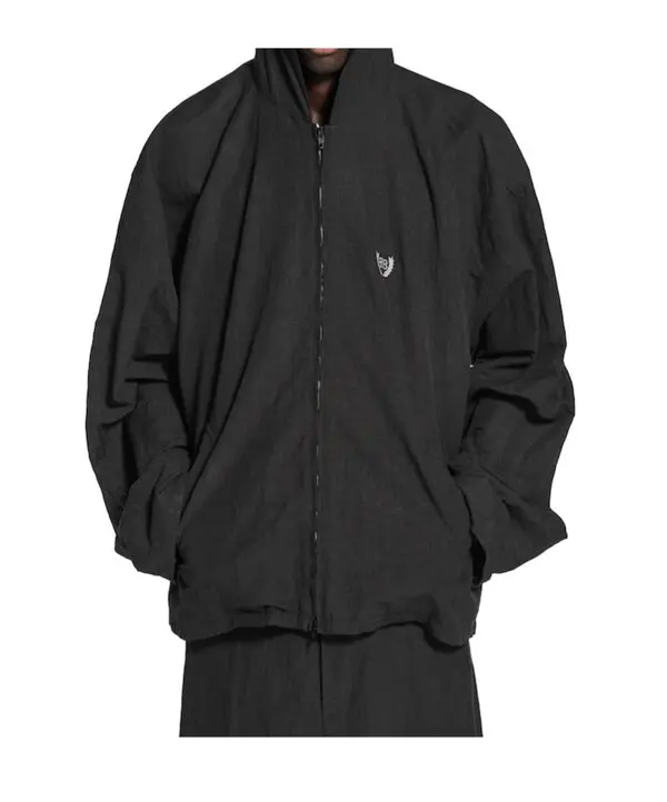Balenciaga Logo Embroidered Zip-up Hooded Jacket - Black