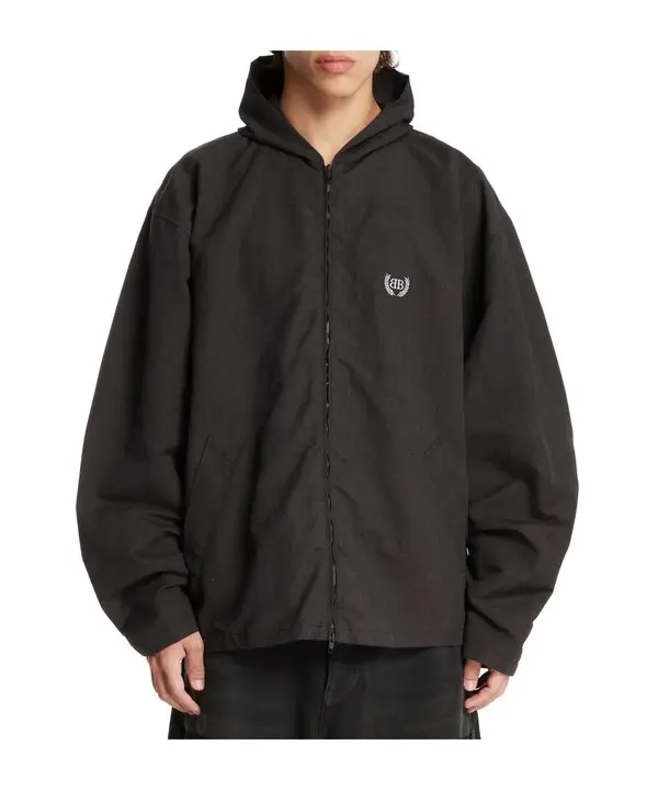 Balenciaga Logo Embroidered Zip-up Hooded Jacket - Black