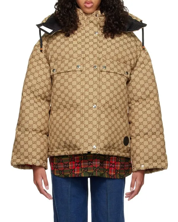 Gucci Gg Cotton Canvas Puffer Jacket - Camel/ebony