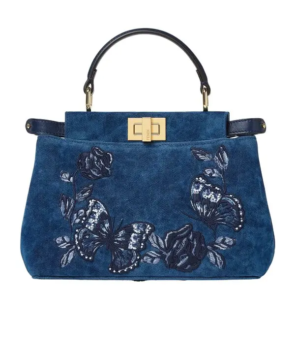 Fendi Mini Peekaboo Floral-embroidered Denim Tote Bag