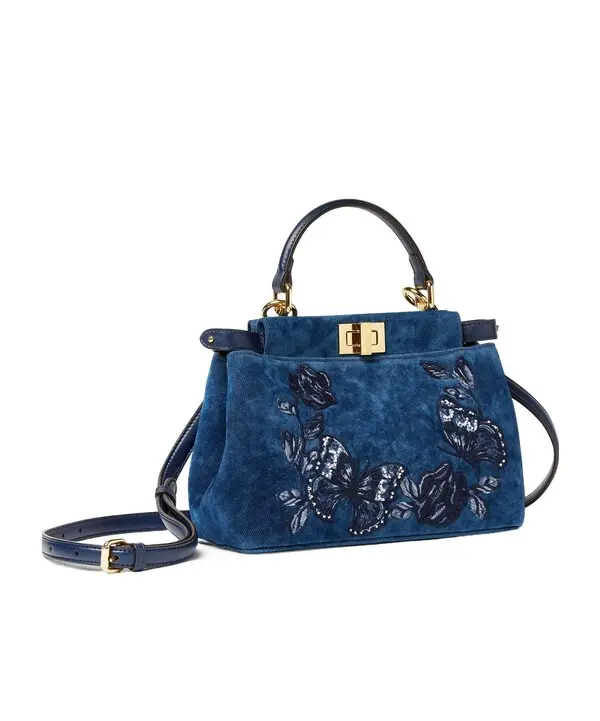 Fendi Mini Peekaboo Floral-embroidered Denim Tote Bag