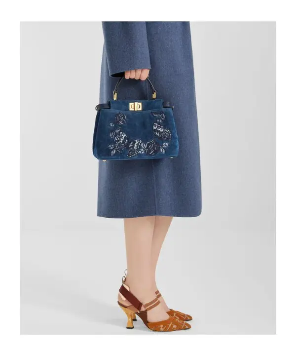 Fendi Mini Peekaboo Floral-embroidered Denim Tote Bag
