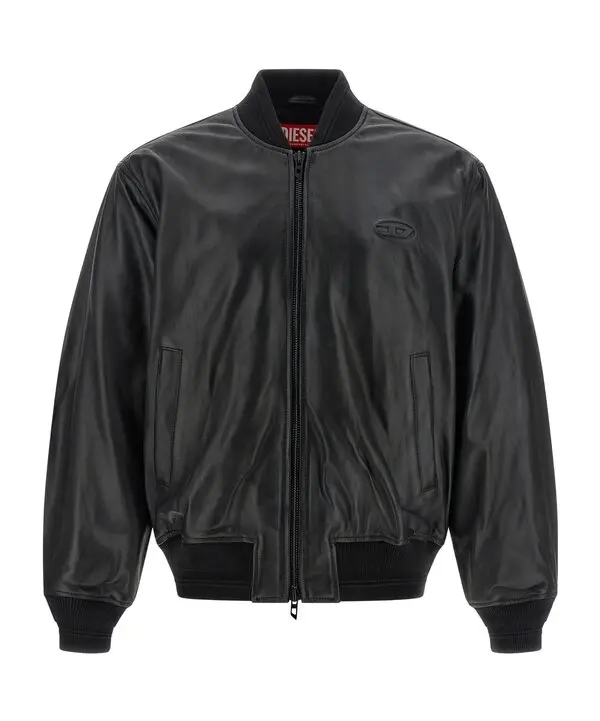 DIESEL® L-type Leather Bomber Jacket With Embossed Logo - Black