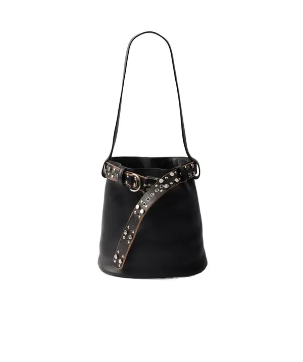 Prada Buckle Leather Bucket Bag With Studded Belt - Black