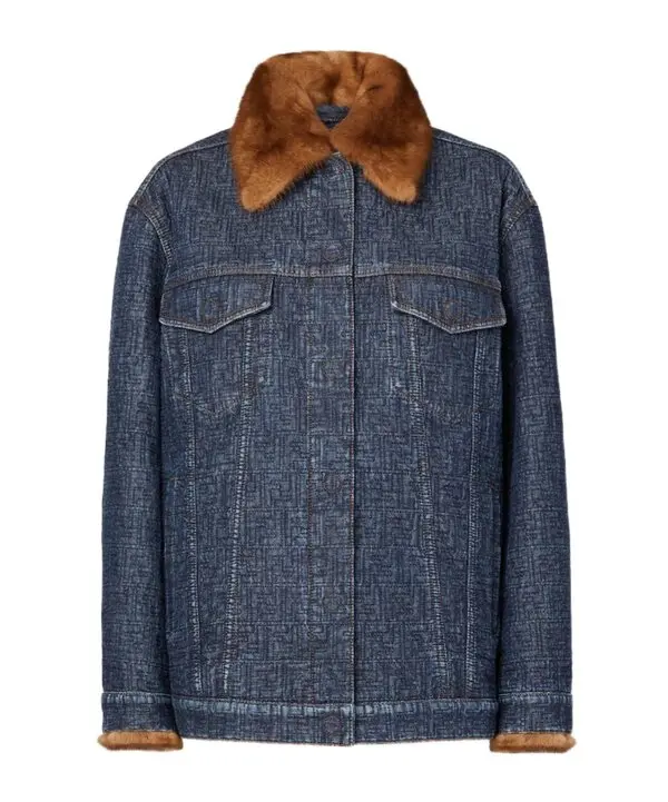 Fendi Quilted Ff Denim Jacket With Fur Trim