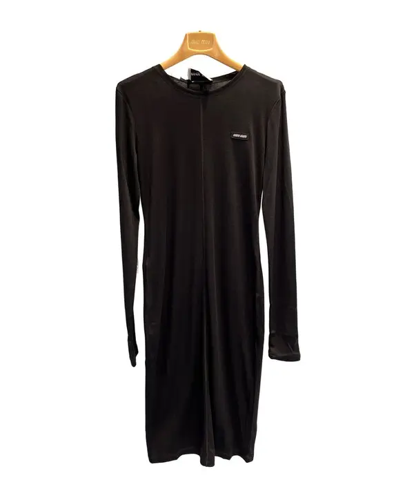 Miu Miu Long-sleeved Crewneck Dress With Logo Detail - Black