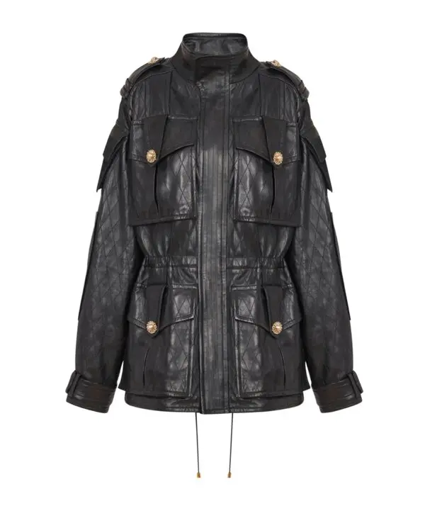 Balmain Lambskin Leather Parka With Topstitched Diamond Pattern