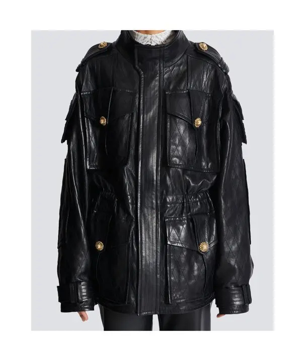 Balmain Lambskin Leather Parka With Topstitched Diamond Pattern