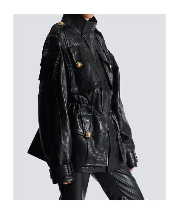 Balmain Lambskin Leather Parka With Topstitched Diamond Pattern