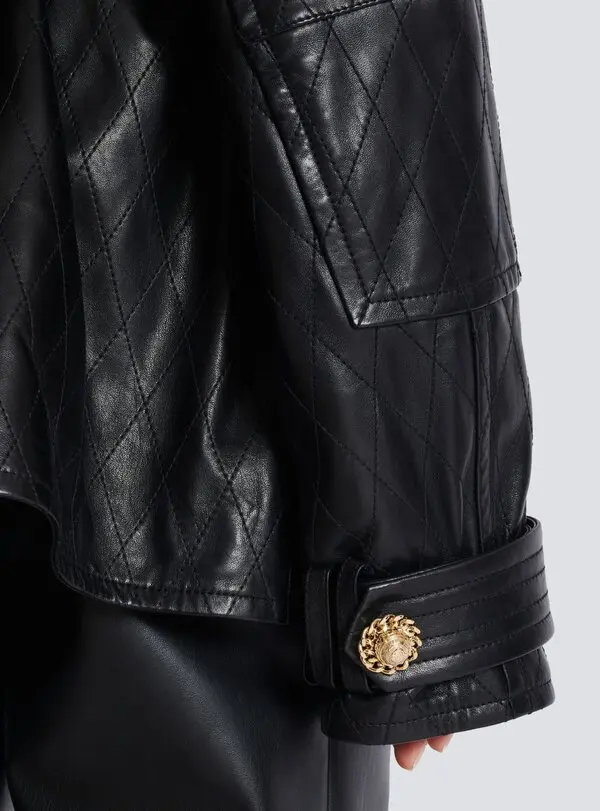 Balmain Lambskin Leather Parka With Topstitched Diamond Pattern