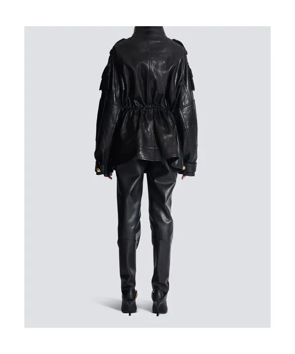Balmain Lambskin Leather Parka With Topstitched Diamond Pattern