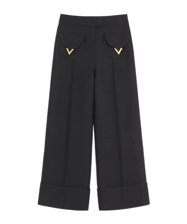 Valentino Garavani Wide Leg Trousers With Logo Plaque Detail - Black