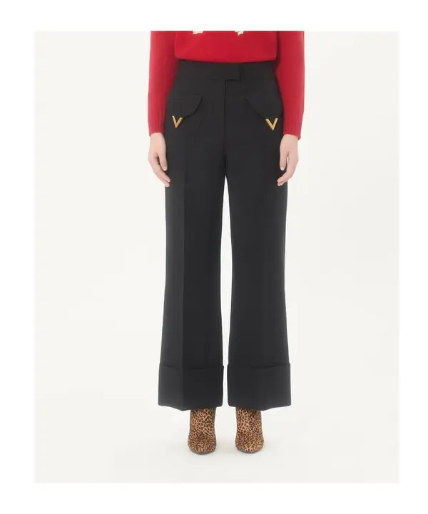Valentino Garavani Wide Leg Trousers With Logo Plaque Detail - Black
