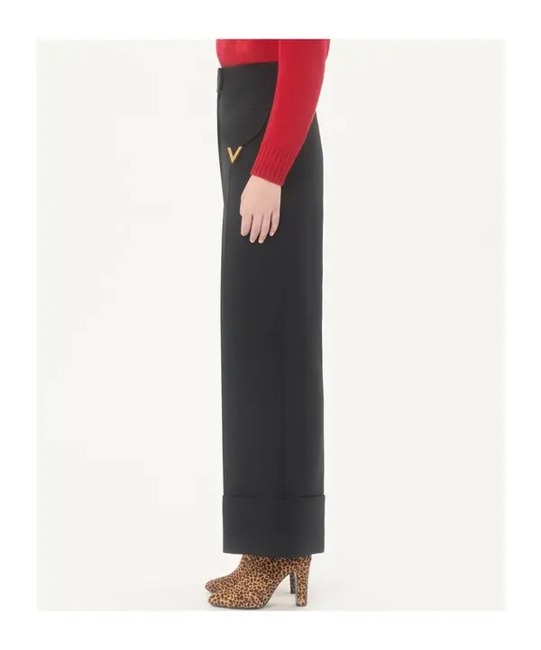 Valentino Garavani Wide Leg Trousers With Logo Plaque Detail - Black