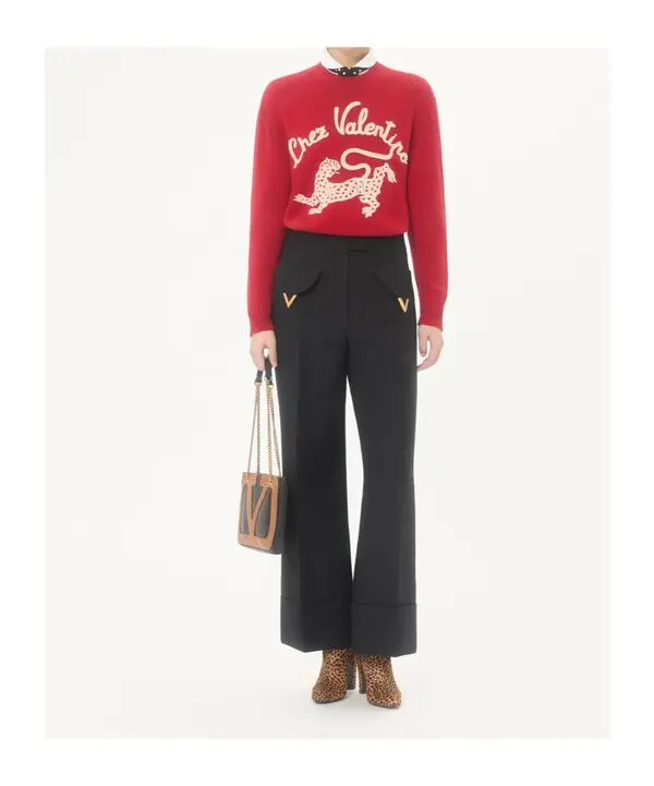 Valentino Garavani Wide Leg Trousers With Logo Plaque Detail - Black