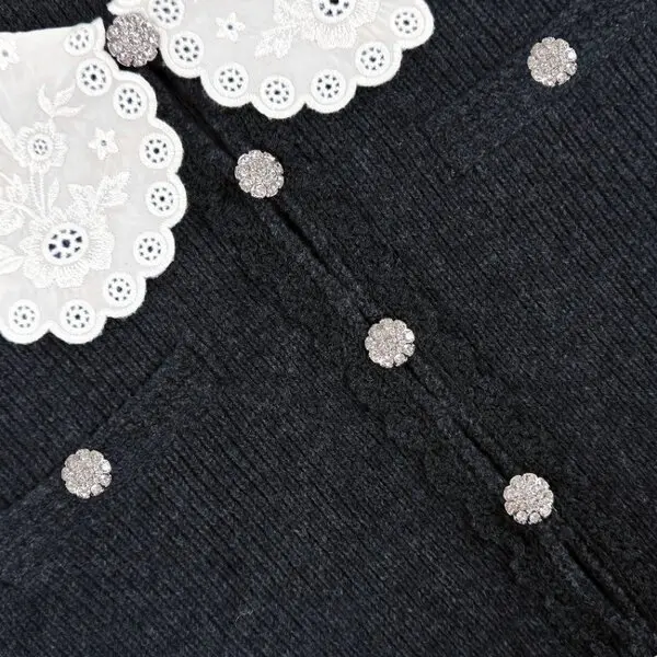 SELF-PORTRAIT Lace Collar Button Cardigan - Charcoal-grey