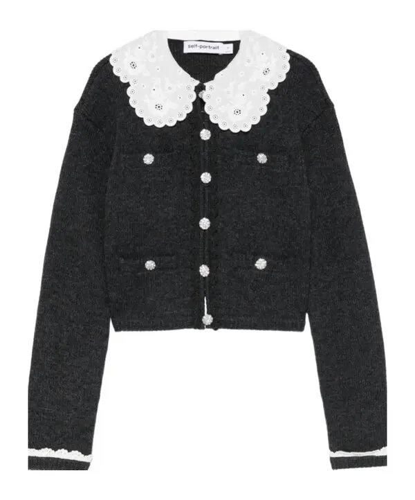 SELF-PORTRAIT Lace Collar Button Cardigan - Charcoal-grey