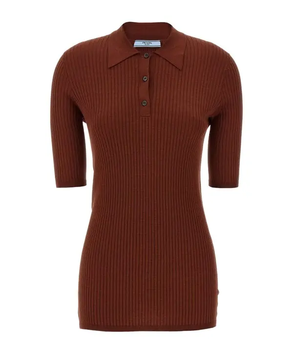 Prada Ribbed Knit Polo Shirt With 3/4 Sleeves - Brown