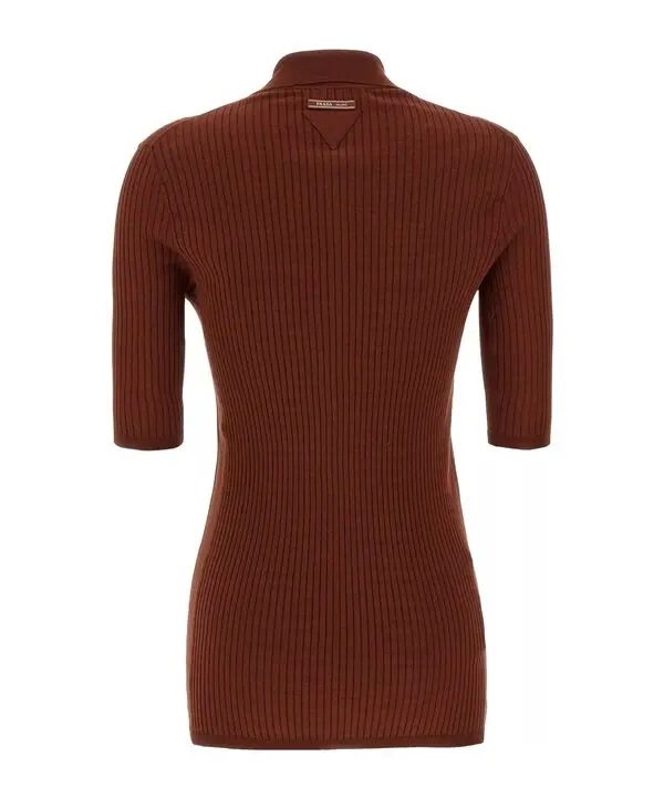 Prada Ribbed Knit Polo Shirt With 3/4 Sleeves - Brown