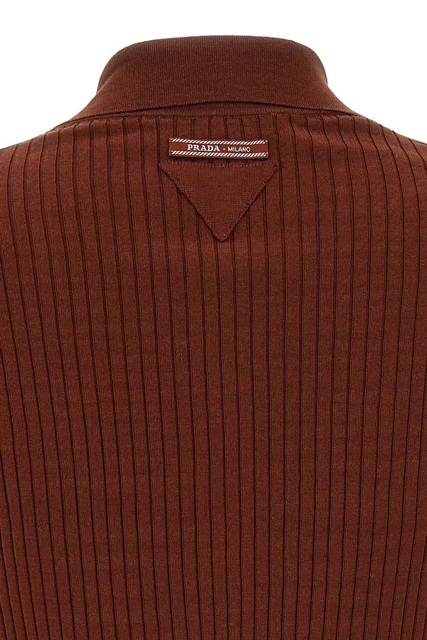 Prada Ribbed Knit Polo Shirt With 3/4 Sleeves - Brown