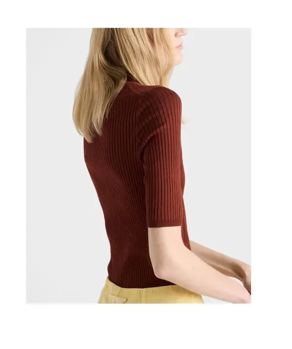 Prada Ribbed Knit Polo Shirt With 3/4 Sleeves - Brown