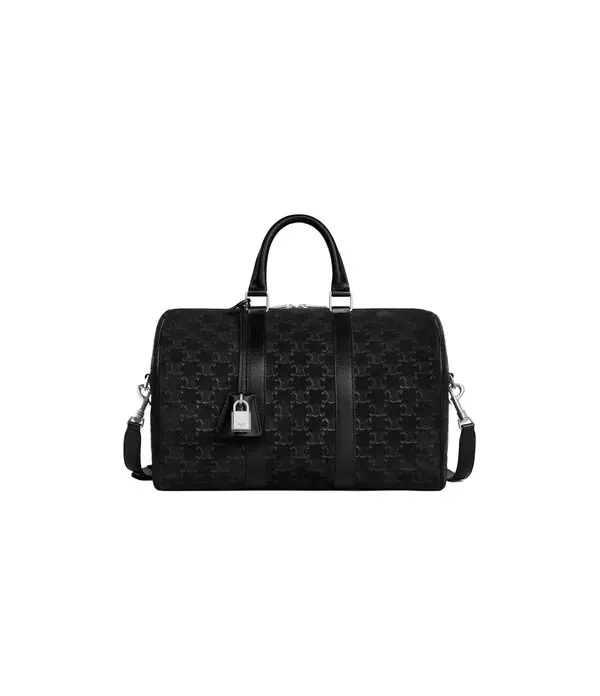 Celine Large Boston Bag In Suede Calfskin With Triomphe Embossed - Black