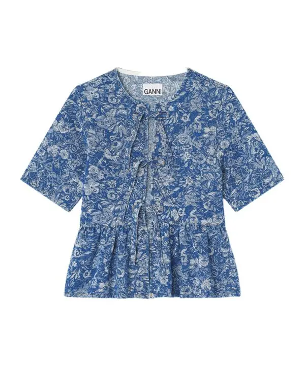 GANNI Tapestry Peplum Blouse - Medium Blue