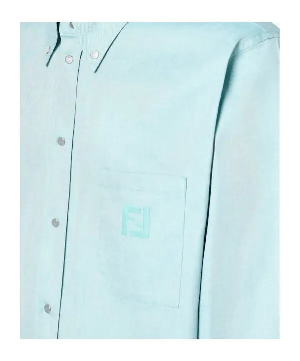 Fendi Logo Embroidered Bown-down Oxford Shirt - Turquoise