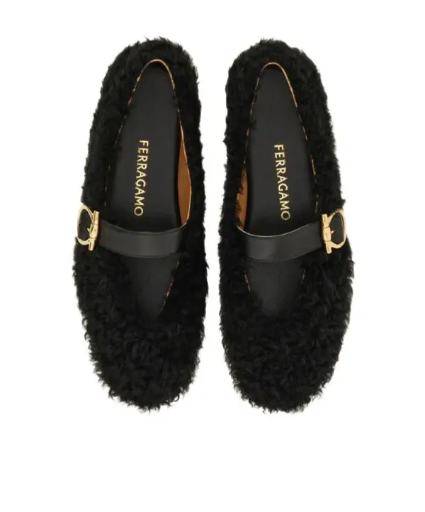 FERRAGAMO Shearling Ballet Flats With Gancio Buckle - Black