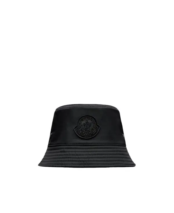 Moncler Satin Bucket Hat With Crystal Inlaid Logo - Black