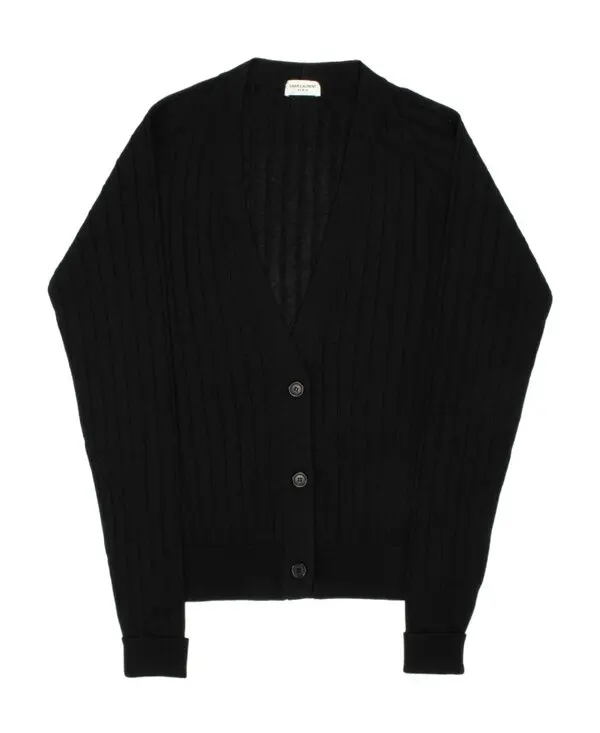 Saint Laurent V-neck Knitted Cardigan With Logo Detail - Black
