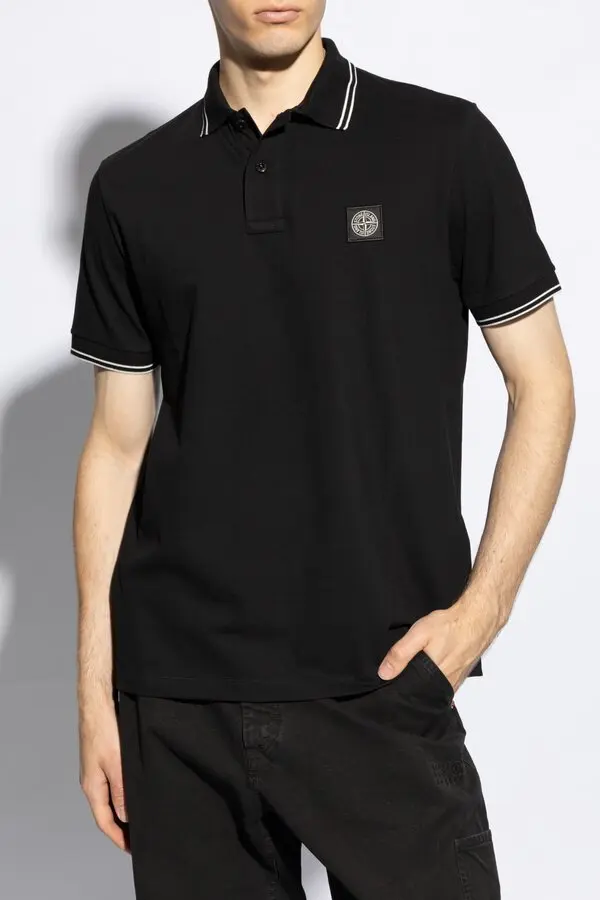 Stone Island Logo Patch Short Sleeved Polo Shirt - Black