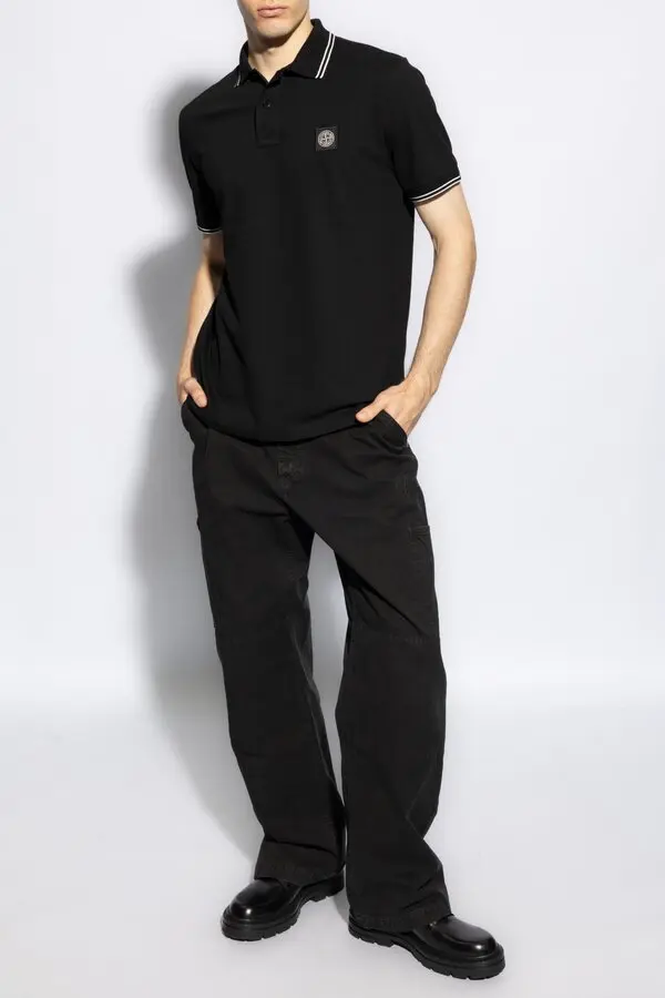 Stone Island Logo Patch Short Sleeved Polo Shirt - Black