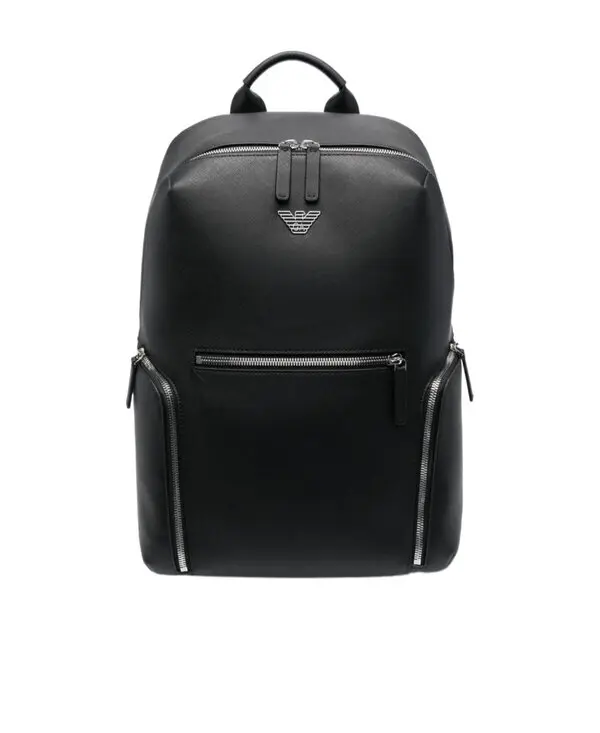 Emporio Armani Logo Plaque Zipped Backpack - Black