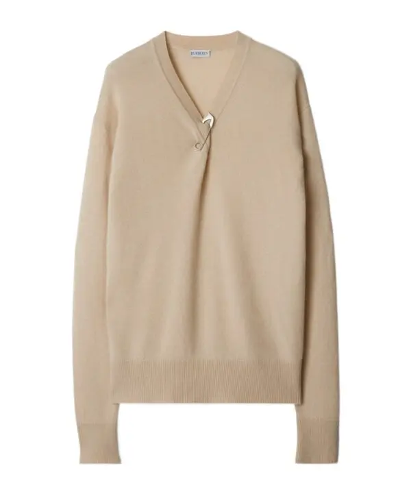 Burberry Bar Pin Fastened V-neck Knitted Jumper - Nutmeg