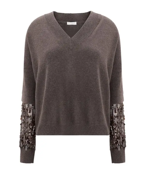 Brunello Cucinelli Sequin-embellished Cashmere V-neck Sweater