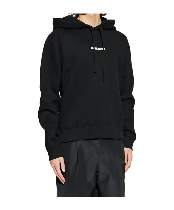 JIL SANDER Logo Printed Drawstring Hoodie - Black
