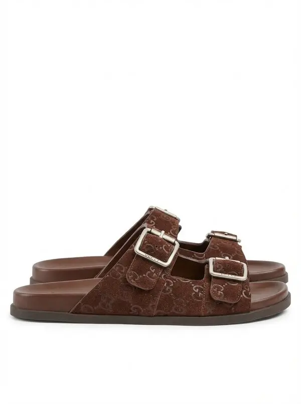 Gucci Embossed Gg Double Belt Slide Sandals - Brown