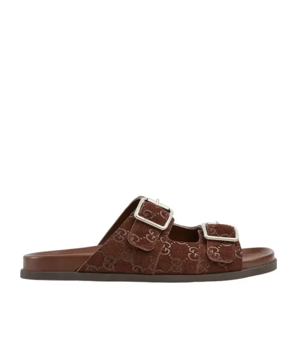 Gucci Embossed Gg Double Belt Slide Sandals - Brown