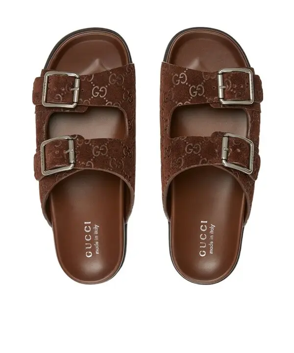 Gucci Embossed Gg Double Belt Slide Sandals - Brown
