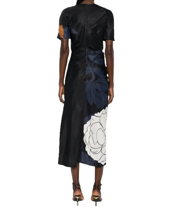 Victoria Beckham Floral Printed Split Hem Midi Dress - Black