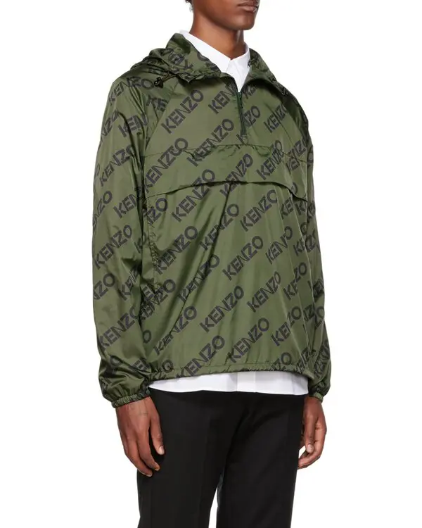 Kenzo Logo Printed Half-zip Hooded Jacket - Green